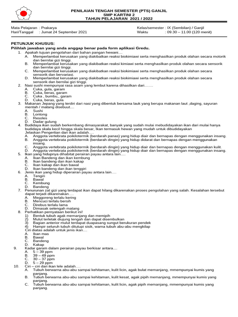 Soal Pas Prakarya Kelas 9 | PDF