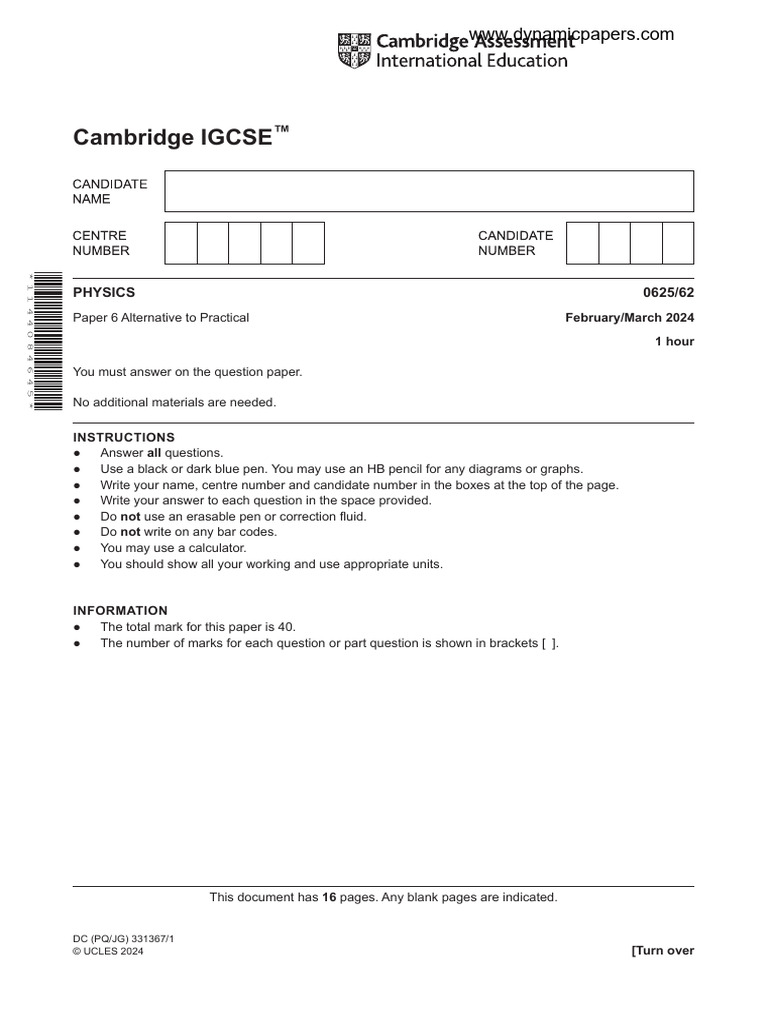 Cambridge IGCSE: PHYSICS 0625/62 | PDF