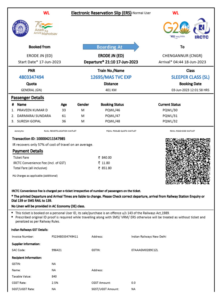 12695/MAS TVC EXP Sleeper Class (SL) : WL WL | PDF