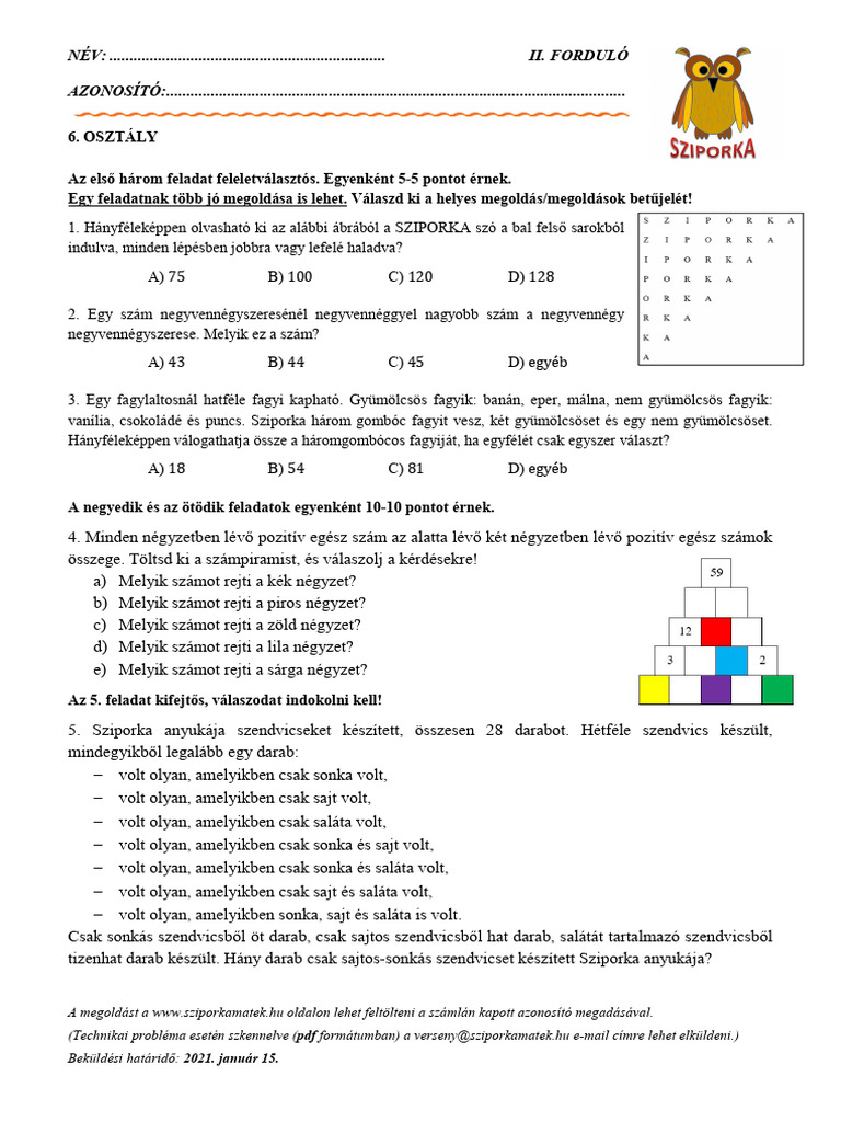 SZIPORKA 2020 - 2021 6. Osztály 2. Forduló | PDF