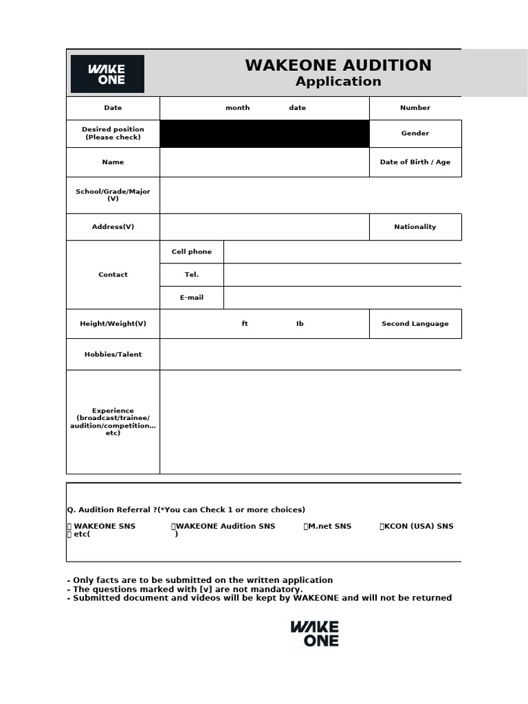 Wakeone Audition Application Eng | PDF