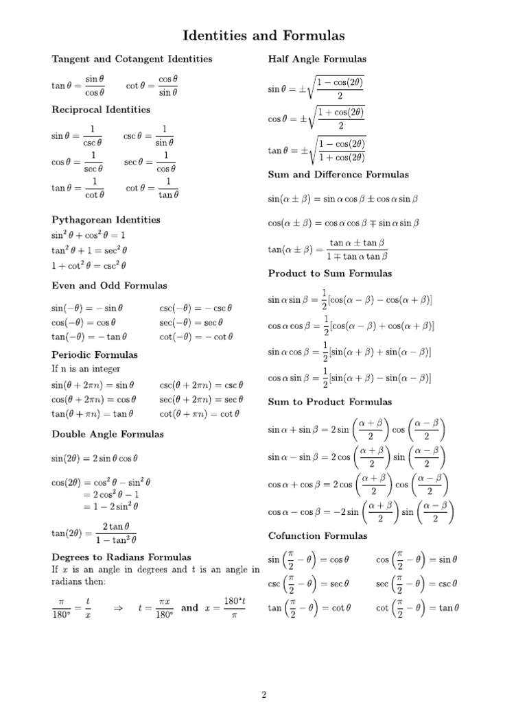 Trigonometric Formula Sheet | PDF