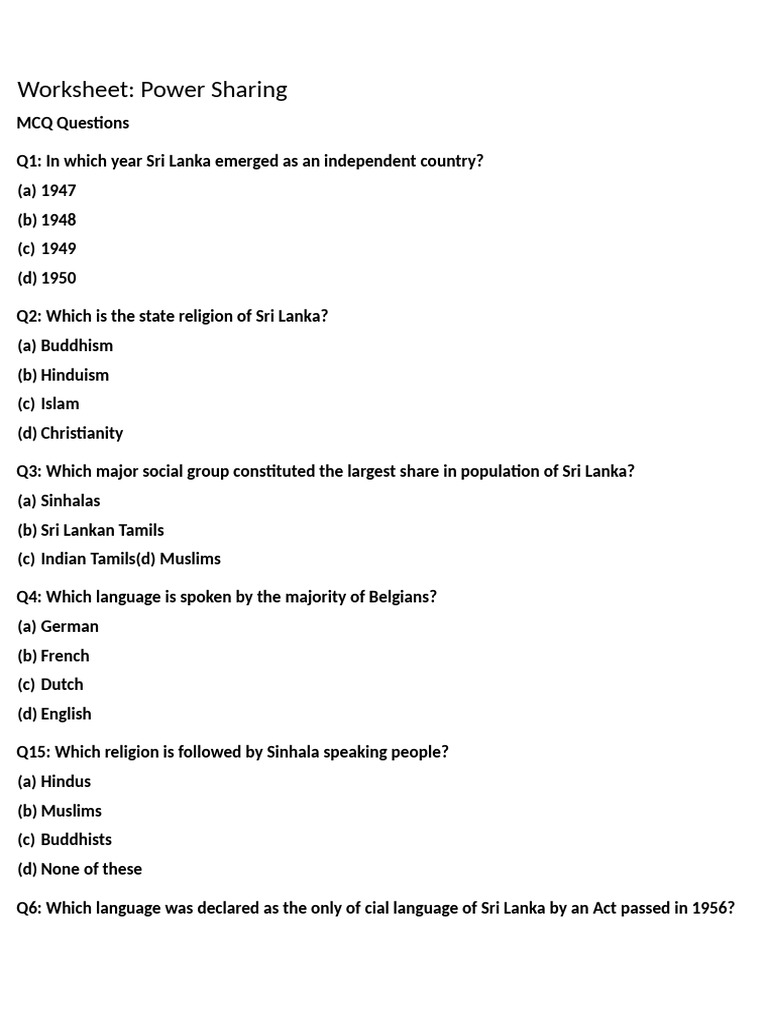 Power Sharing Class 10 Worksheet Civics Chapter 1 | PDF