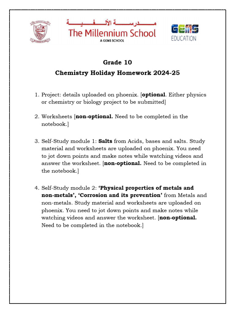 Chemistry Holiday Homework Grade 10 2024-25 | PDF