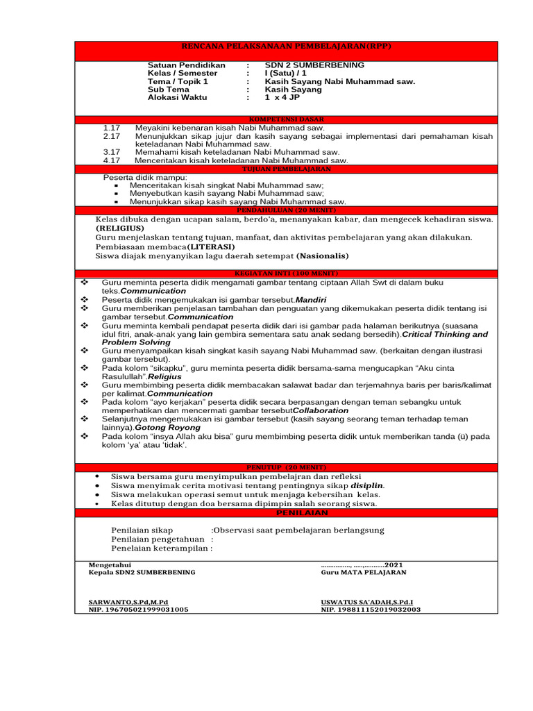 RPP 1 Lembar Kelas 1 SMT 1 | PDF