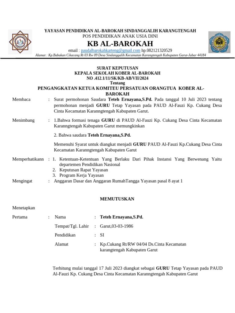 Kop Surat KB Al-Barokah | PDF