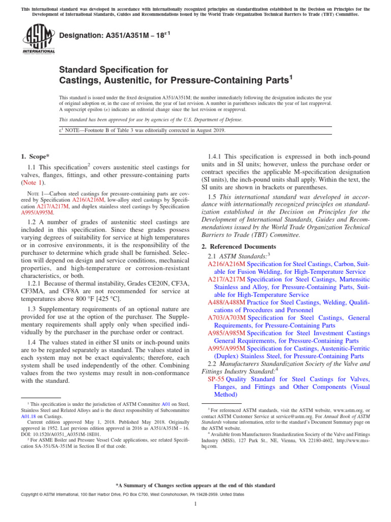 ASTM A351 - 2018 - Standard Specification For Casting, Austenitic, For ...