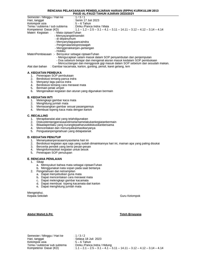 RPPH Paud Al-Fauzi | PDF