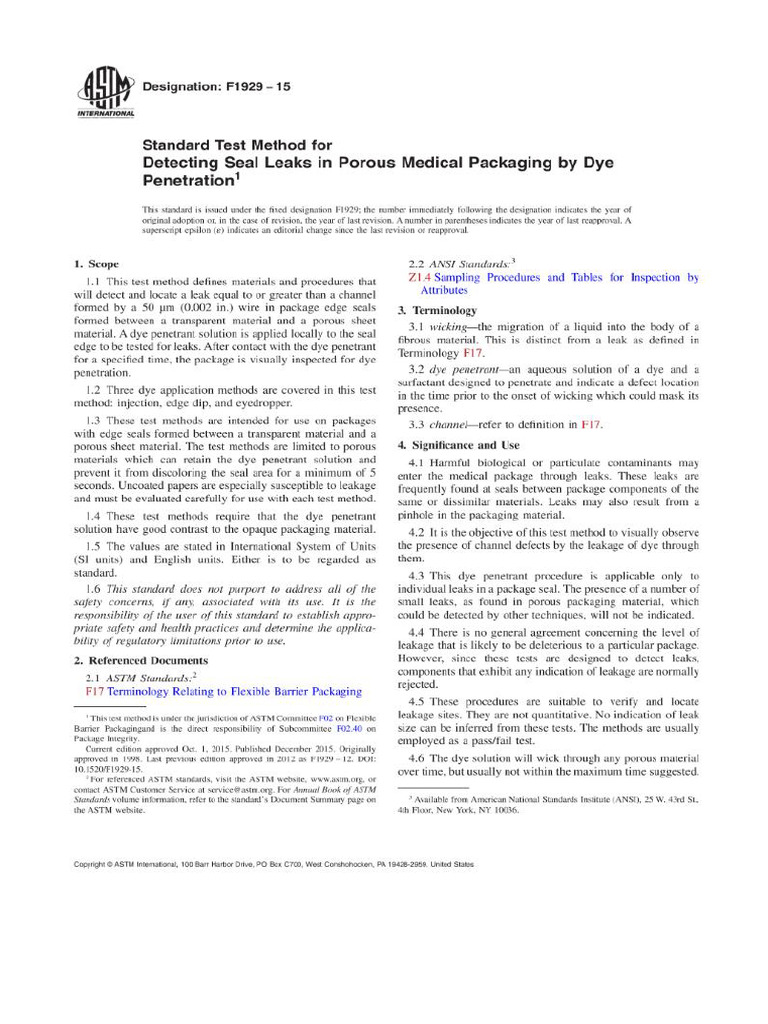 ASTM F 1929-15 Standard Test Method For Detecting Seal Leaks in ...