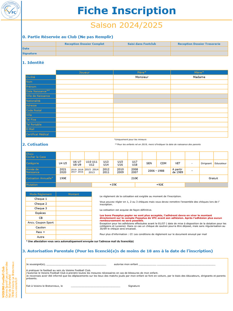 VFC - Fiche Inscription 2024-2025 | PDF