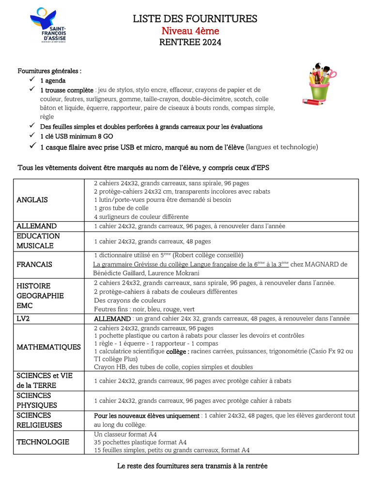 Fournitures_4ème_24-25 | PDF