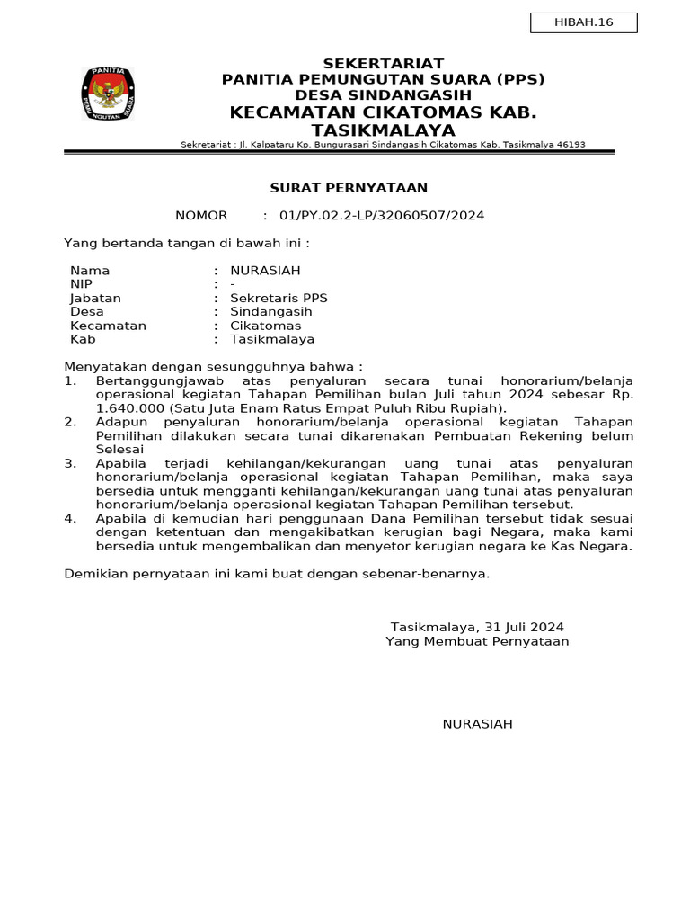 FORMAT DN.04 Surat Pertanggungjawaban Belanja | PDF