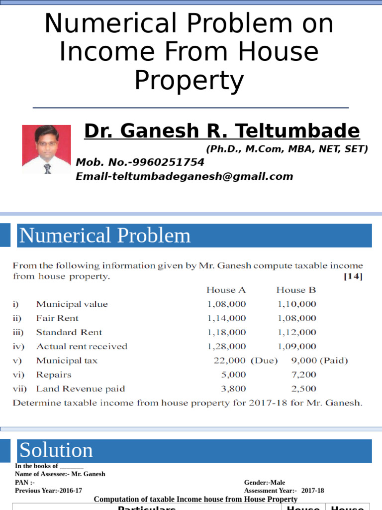 Numerical Problem On Income From House Property: Dr. Ganesh R. Teltumbade | PDF