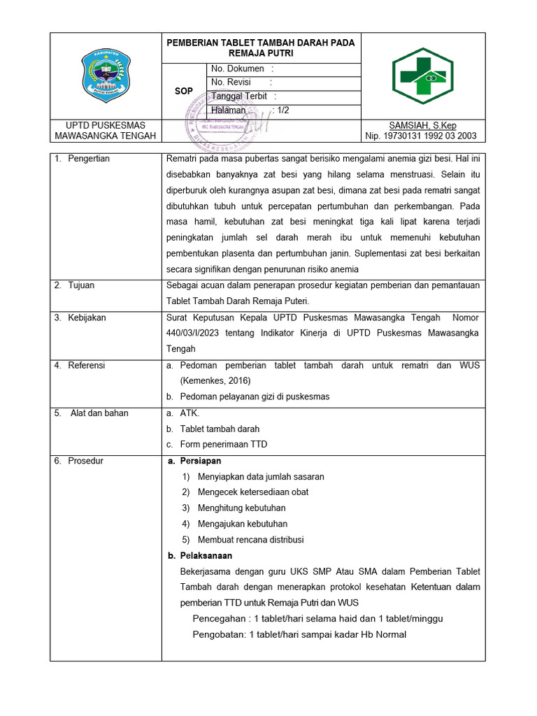 Sop Pemberian TTD Pada Remaja Putri | PDF