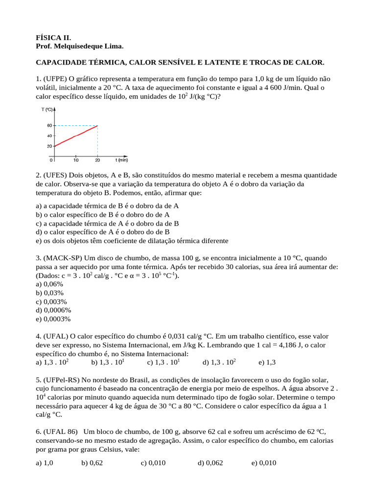 LISTA DE EXERC. 4 Calor Sensivel, Latente, Capacidade Termica e Trocas | PDF
