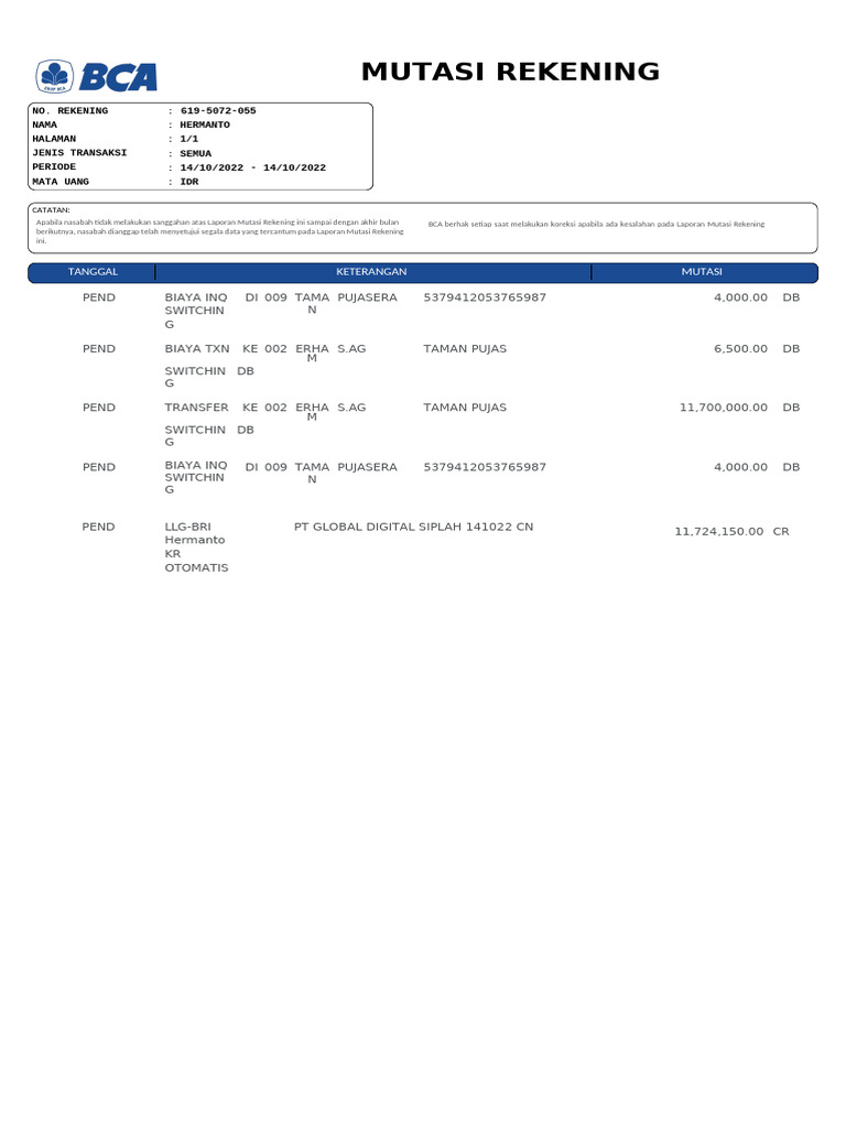 Contoh Mutasi Bca | PDF
