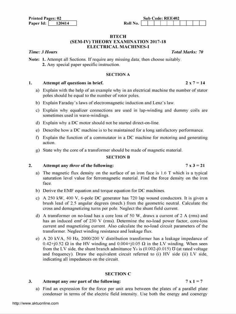 Btech Ee 4 Sem Electrical Machines 1 Ree402 2018 | PDF