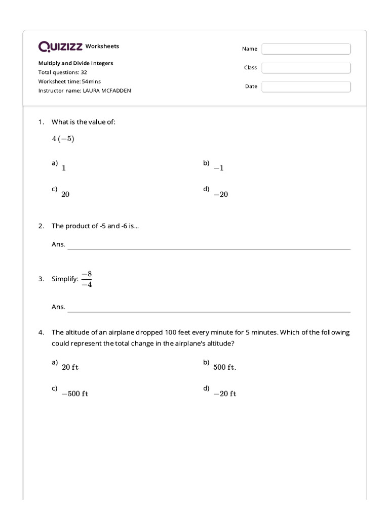 Multiply and Divide Integers - Quizizz | PDF