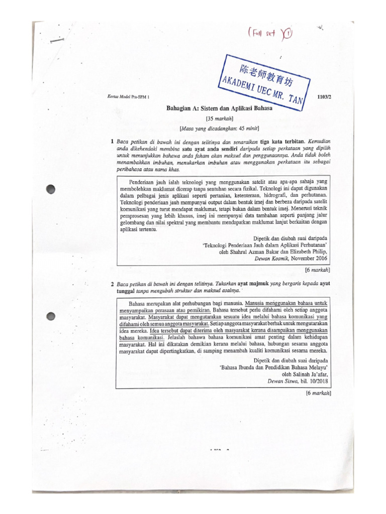 Kertas Model Pra-SPM 1 | PDF