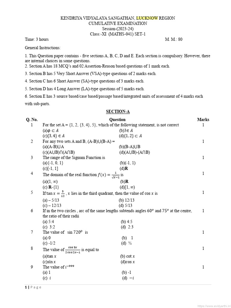 Cbse Class 11 Maths Cumulative Exam Question Paper 2023 24 | PDF ...