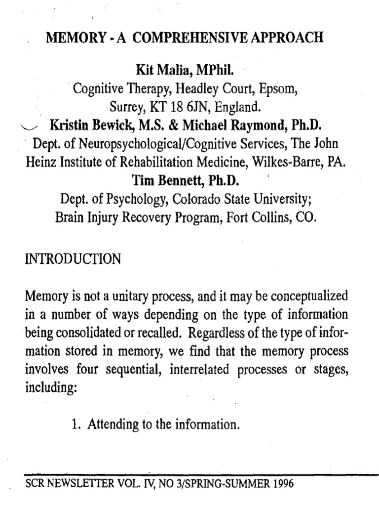 Memory A Comprehensive Approach Kit Malia | PDF
