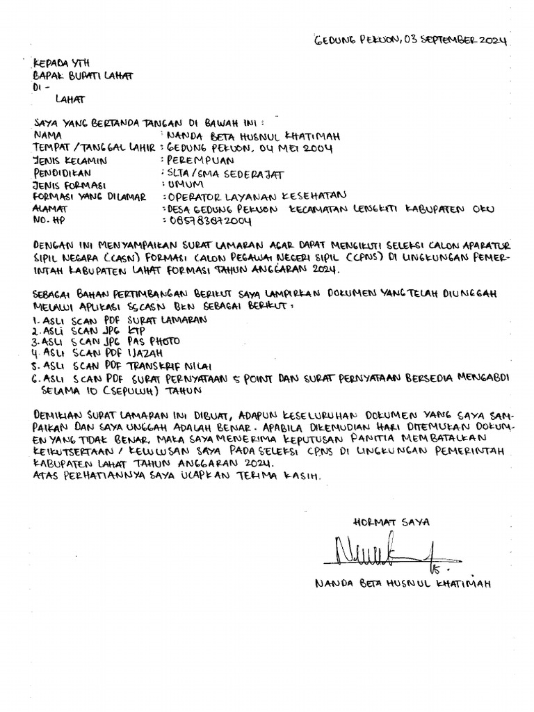 Surat - Lamaran - Nanda Beta Husnul Khatimah | PDF