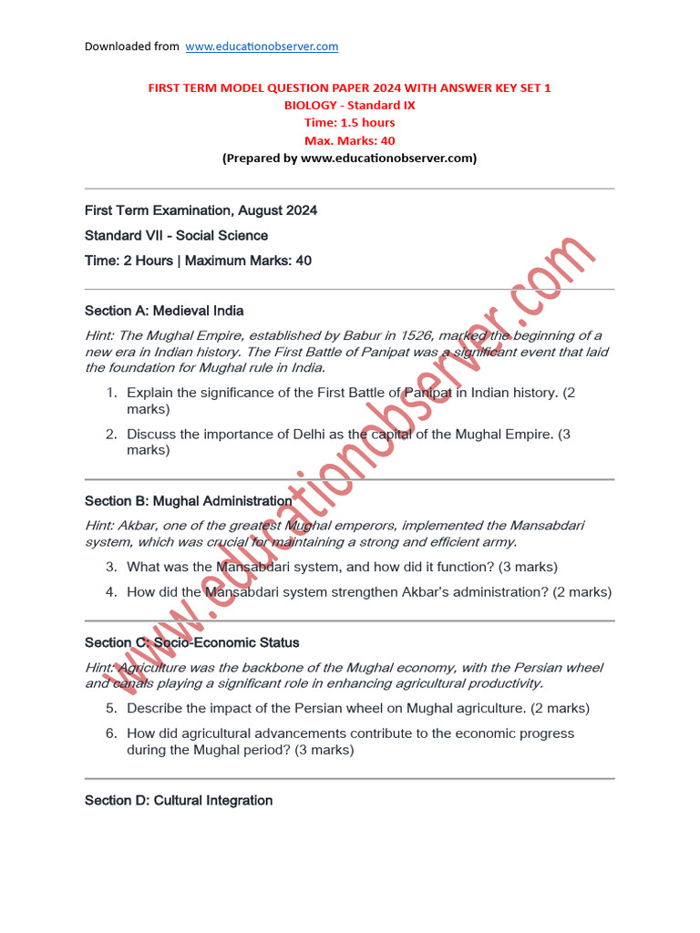 7th SOCIAL SCEINCE First Term Model Question Paper - English Medium by ...