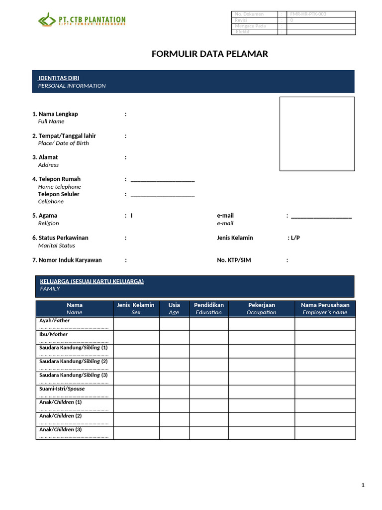 FMR-HR-PTK-003 Formulir Data Pelamar | PDF
