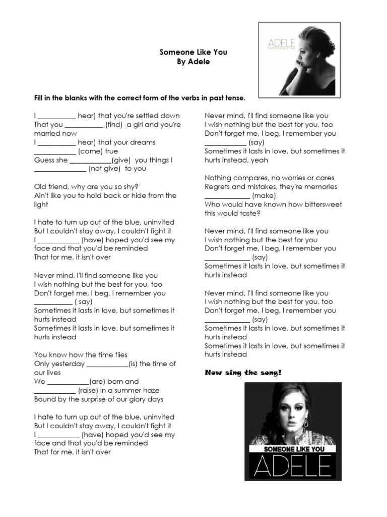 Simple Past Tense Song Someone Like Yo, U Adele Activities With Music ...