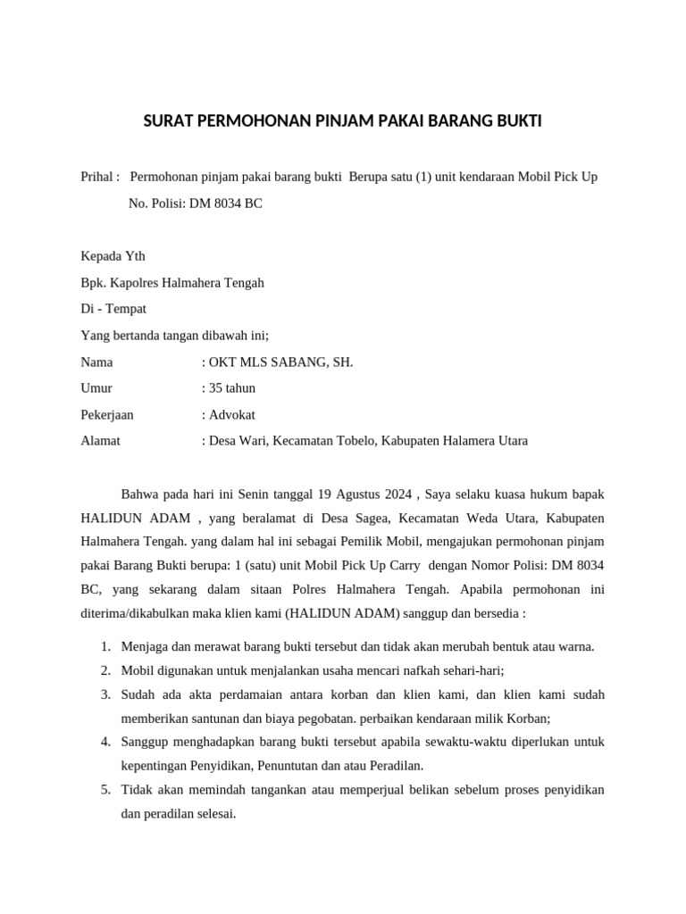 Surat Permohonan Pinjam Pakai Barang Bukti Halidun Adam | PDF