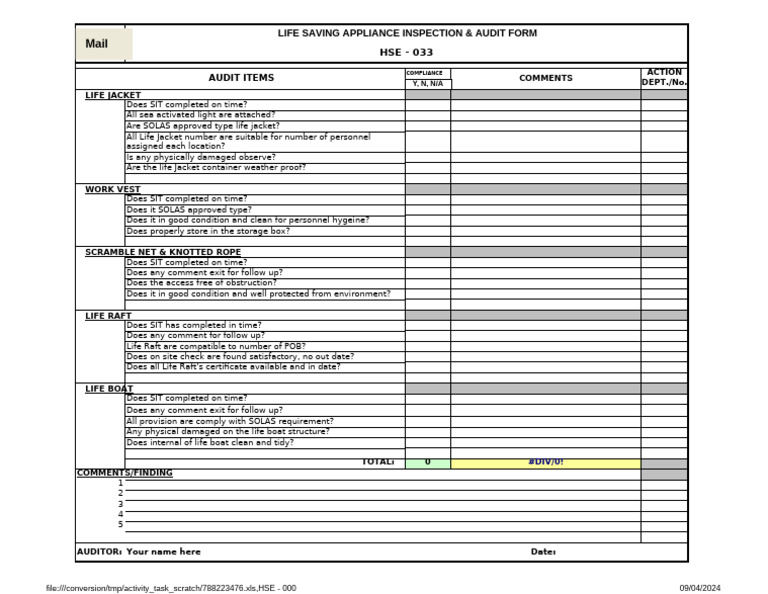 HSE-033 - Lifesaving Appliance Inspection & Audit Form (In P | PDF