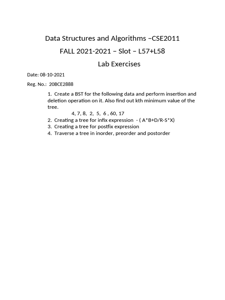 Data Structures and Algorithms - CSE2011 FALL 2021-2021 - Slot - L57+L58 Lab Exercises | PDF