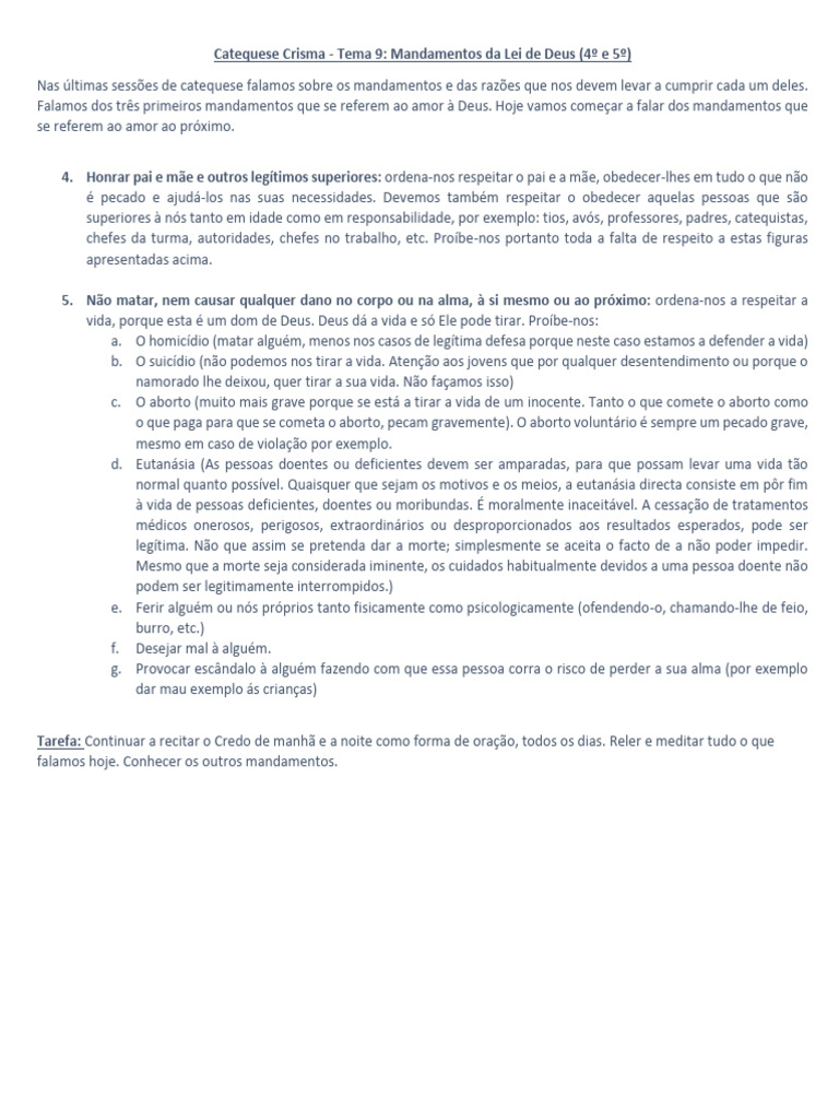 Catequese Crisma - Tema 9 - Os Mandamentos Da Lei de Deus 4 e 5 | PDF