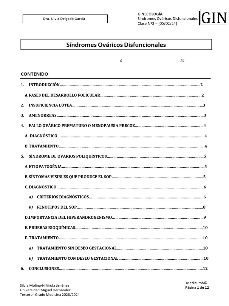 NÂº02 - (05-02-24) - GinecologÃ A - SÃ Ndromes OvÃ¡ricos Disfuncionales | PDF