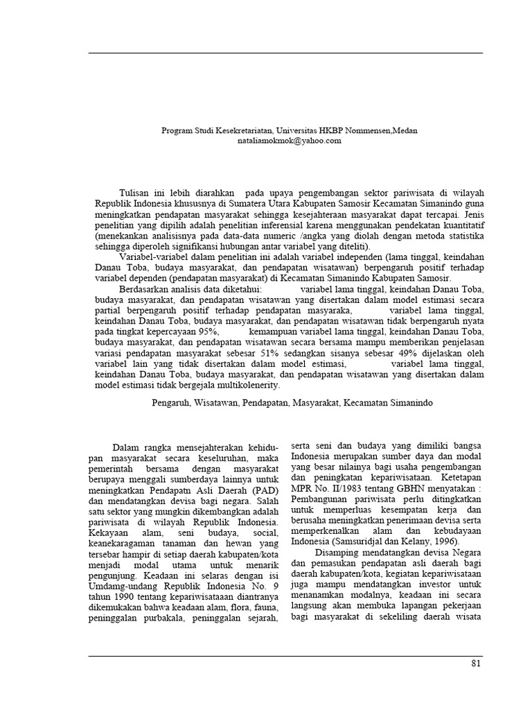 9.pengaruh Kunjungan Wisatawan Terhadap Pendapatan Masyarakat Di Kecamatan Simanindo Kabupaten ...