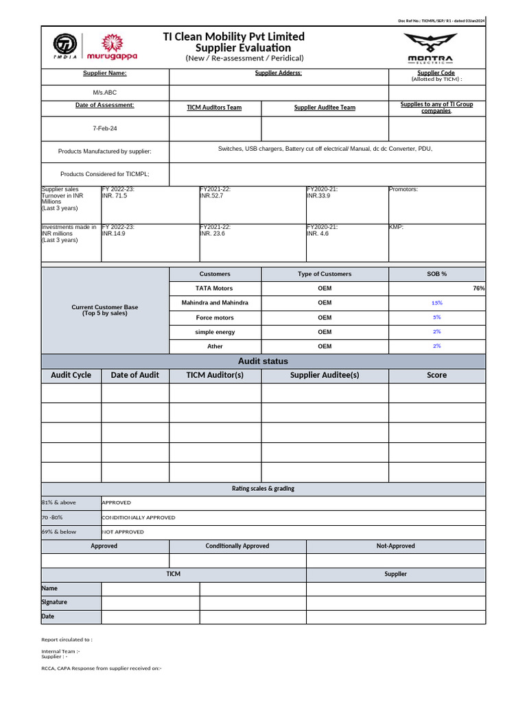 Supplier Evaluation Pack - TICMPL - R1 - 10.04.24 | PDF | Calibration | Audit