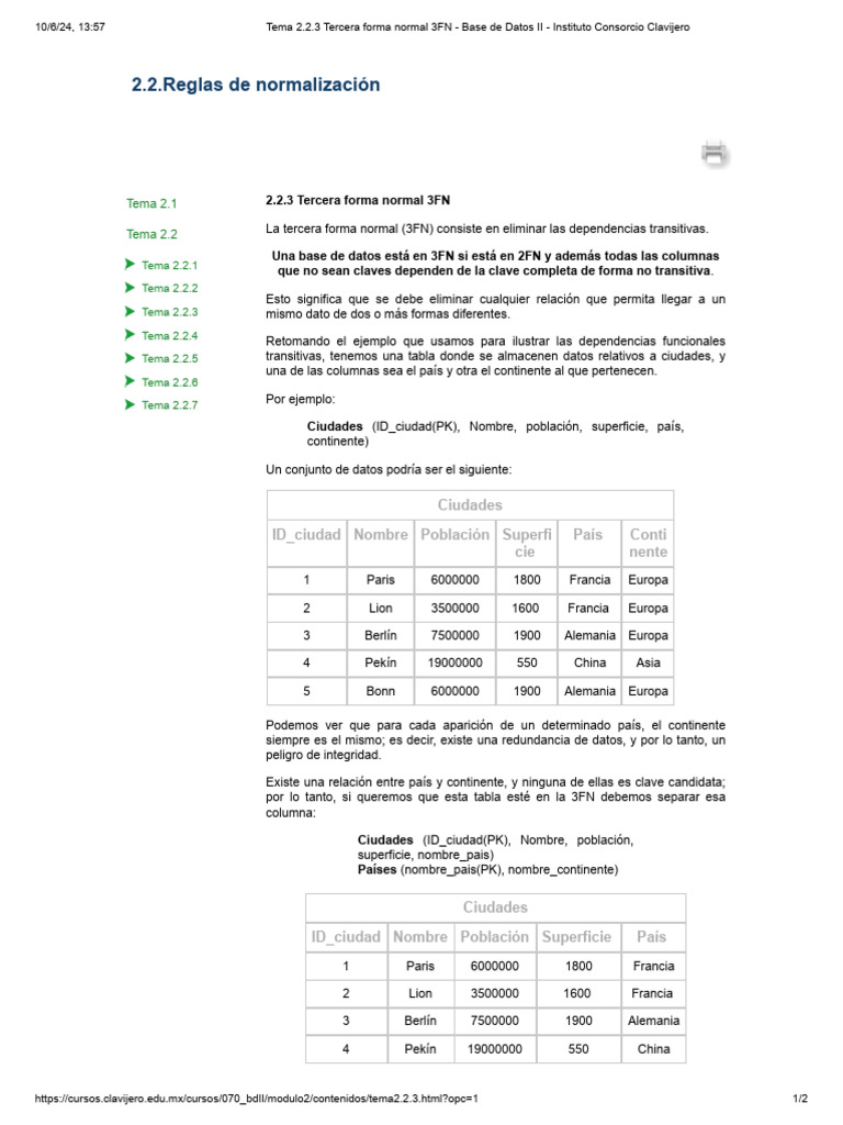 Tema 2.2.3 Tercera Forma Normal 3FN - Base de Datos II | PDF
