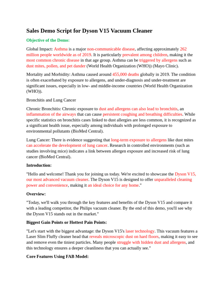 Sales Demo Script For Dyson V15 Vacuum Cleaner | PDF