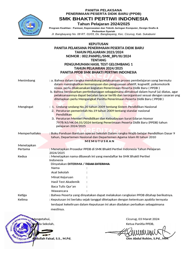 SK Kelulusan PPDB 2024 - 2025 Gel 1 - Oke | PDF