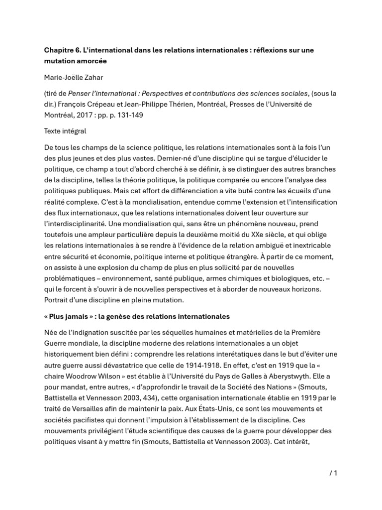 L'international Dans Les Relations Internationales - Marie Joelle Zahar ...