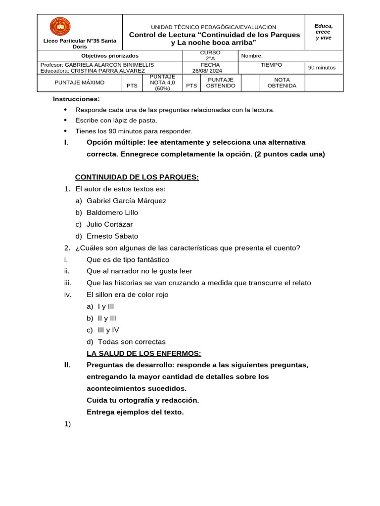 Control de Lectura Continuidad de Los Parques y La Noche Boca Arriba | PDF