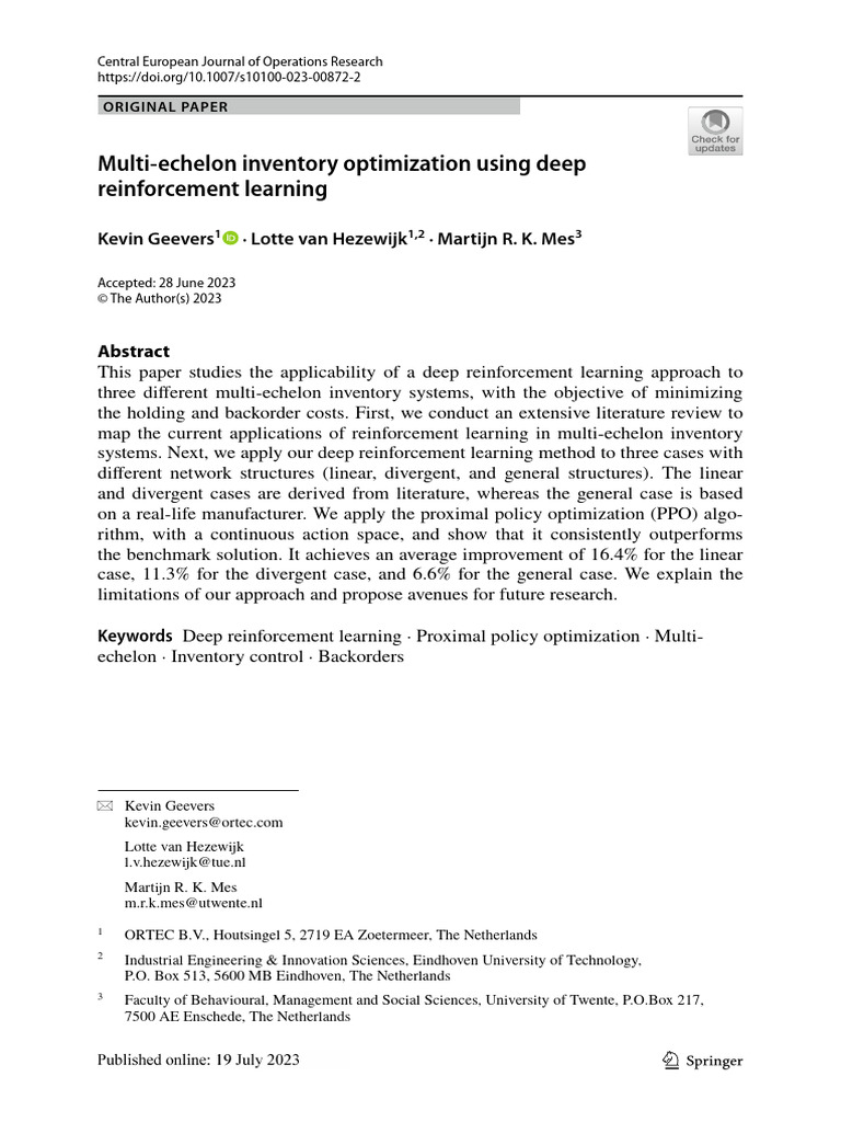 13 - Multi-Echelon Inventory Optimization Using Deep Reinforcement Learning | PDF