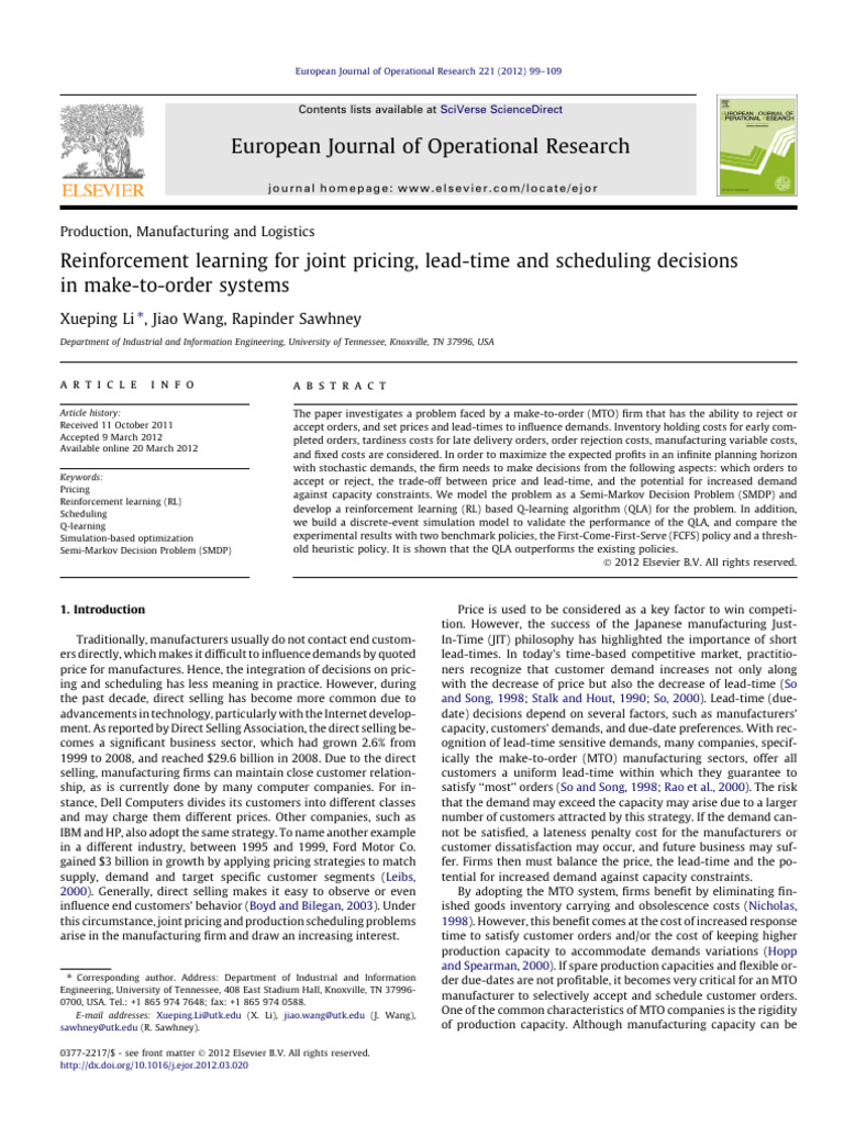 9 - Reinforcement Learning For Joint Pricing, Lead-Time and Scheduling Decisions | PDF