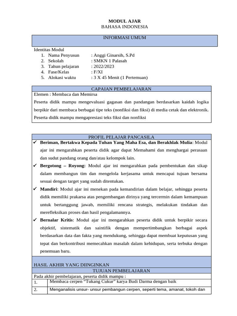 RPP (MODUL AJAR) Aksi 1_Anggi Ginarsih | PDF