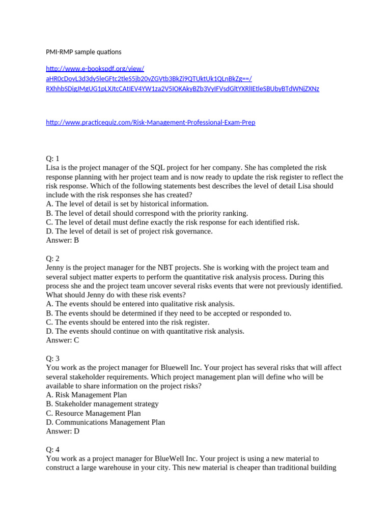 PMI-RMP Sample Quations | PDF PMI-RMP Sample Quations | PDF