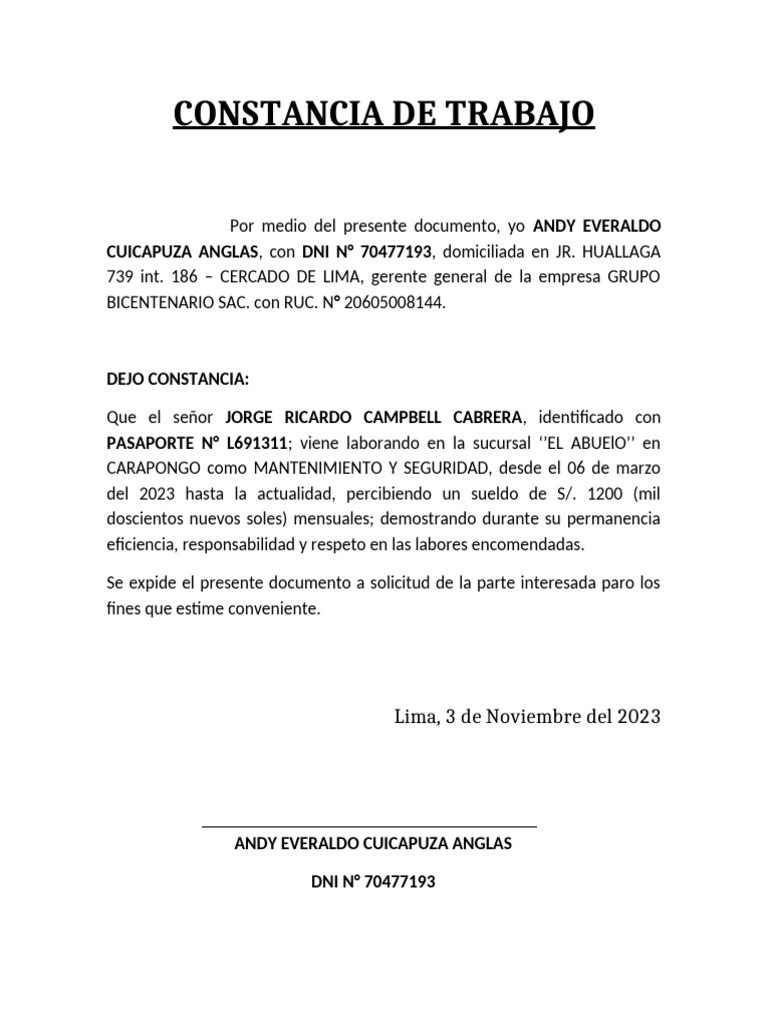 Constancia de Trabajo Modelo Docx | PDF