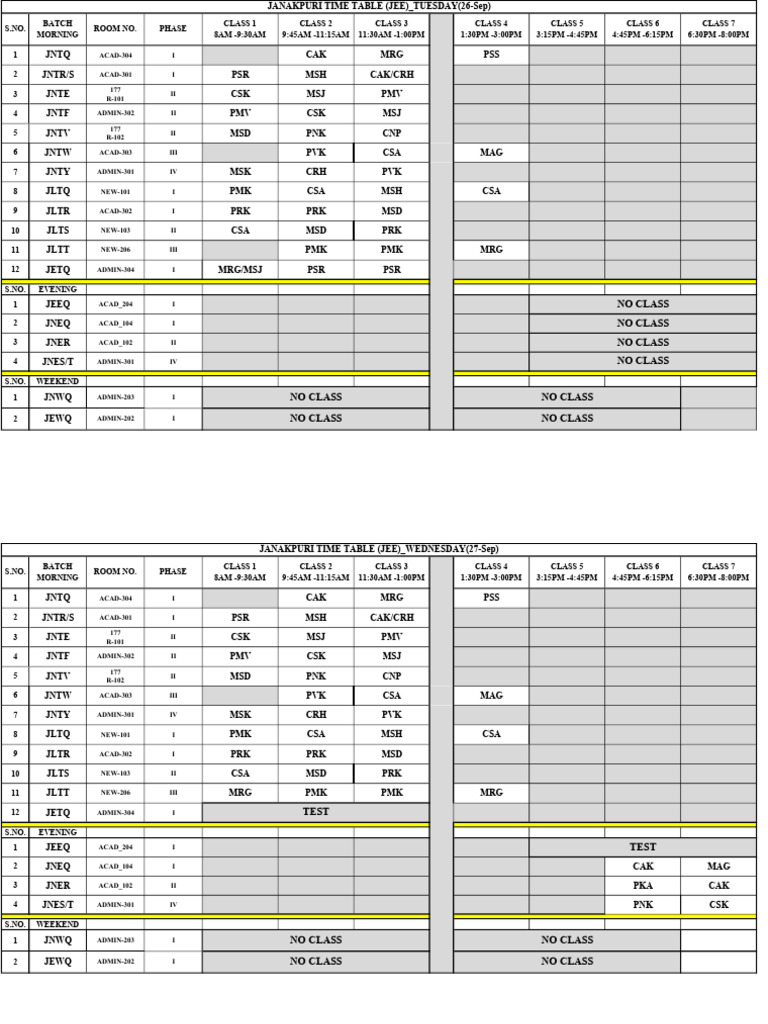 Time Table JEE_JANAKPURI 26 Sep - 01 OCT | PDF