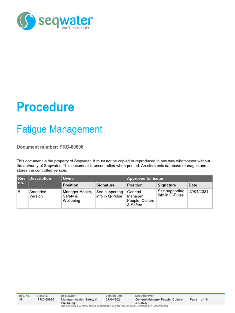 Fatigue Management Procedure2 | PDF | Shift Work | Risk