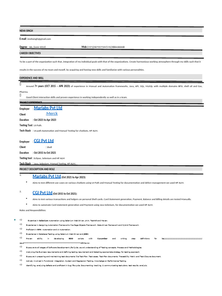 Neha Singh resume 2024 | PDF