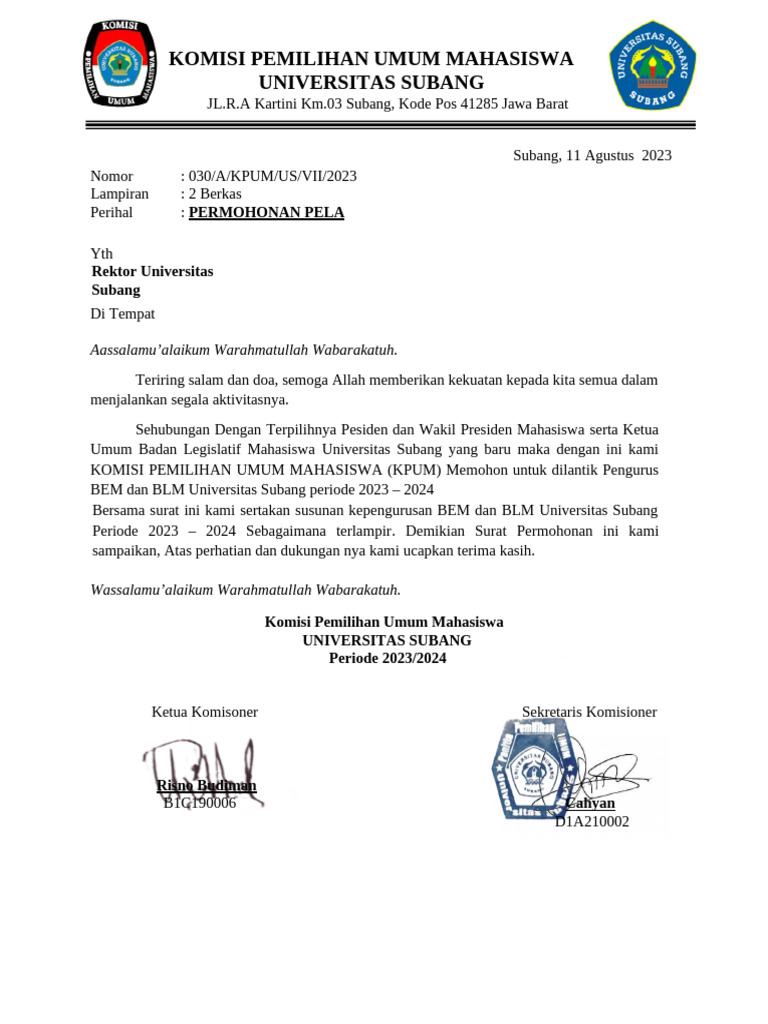 Surat Permohonan SK Bem & BLM Unsub | PDF